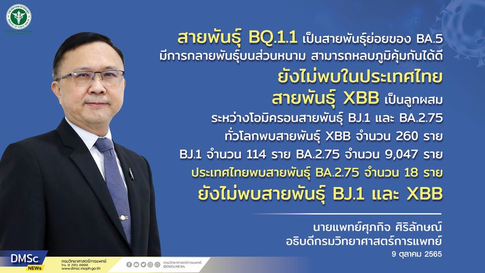 สธ. ยันไทยยังไม่พบโอมิครอนสายพันธุ์ BQ.1.1 และ XBB พร้อมเฝ้าระวังใกล้ชิด : อินโฟเควสท์